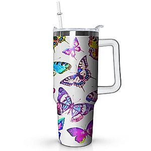 PERRIFIC Butterfly Tumbler 40 oz Tumbler with Handle and Straw Lid Leak Proof - Butterfly Coffee Travel Mug with Handle Insulated for Hot and Cold Drink Ice - Mothers Day Birthday Gifts for Women Cup