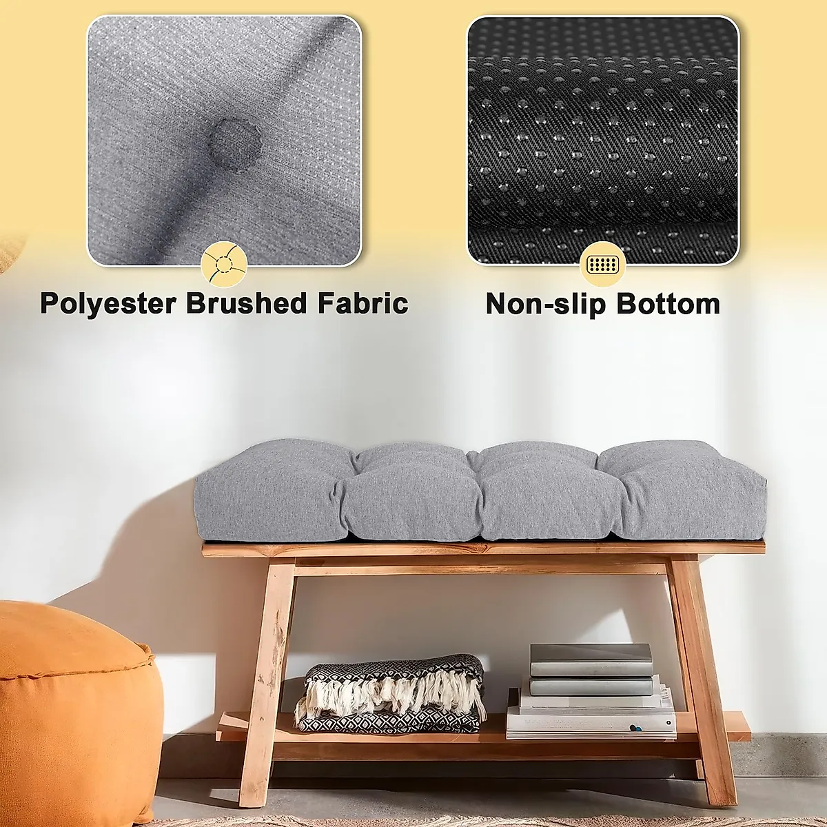 ROFIEJOX Bench Cushion 36 Inch - Polyester Brushed, High-Density Foam, Non-Slip Bottom, Soft Durable Indoor Tufted Long Seat Cushion for Window Garden Furniture (Grey, 36x14x4 Inch)