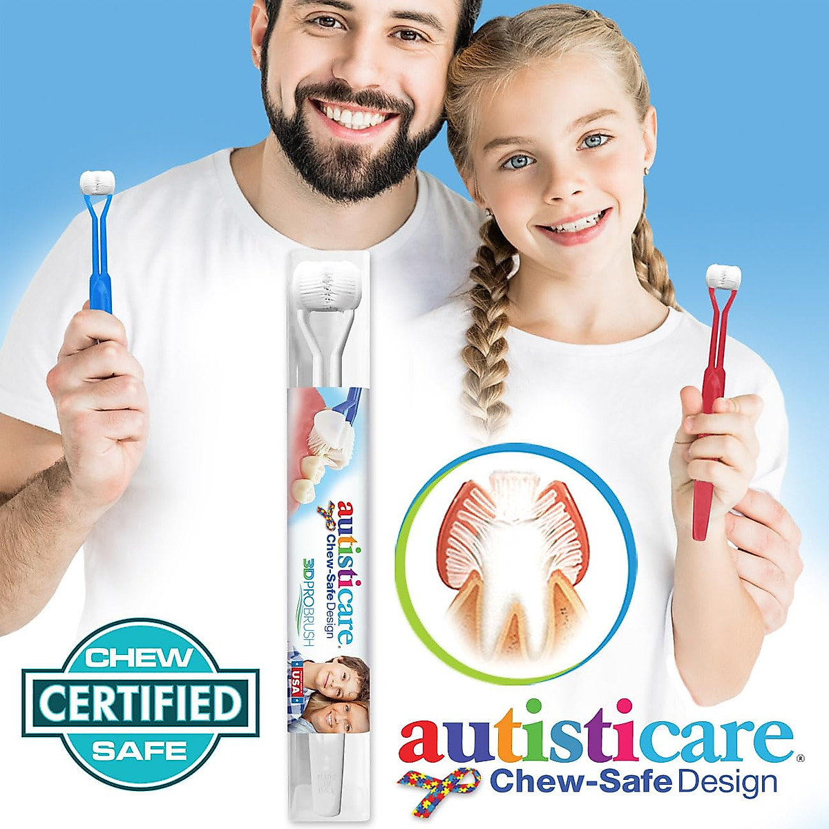 autisticare Chew-Safe | Sensory 3-Sided Toothbrush for Special Needs| Extra Gentle | Fast, Easy & Fun to Use | Autism Autistic Asperger Kids Child Caregiver | Made in USA