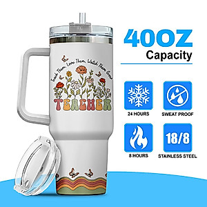99OWL Teacher Wildflower Retro Vintage Nutrition Facts, Tumbler 40 Oz With Handle Lid And Straw, Teacher Gifts, Stainless Music Teachers Floral Gift Coffee Water Flower Cups Funny