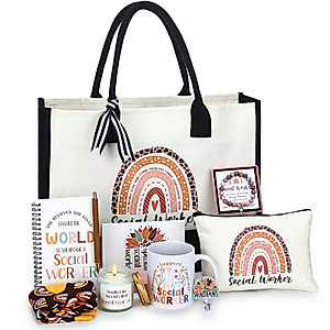 Aliceset 10 Pcs Social Worker Appreciation Gifts Set Include Coffee Mug Candle Canvas Tote Bag Cosmetic Bag Bracelet Badge Holder Socks Notebook Ballpoint Pen Gift Card for BSW MSW DSW Volunteer Gift