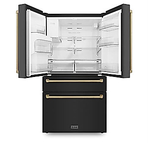 ZLINE 36" Autograph Edition Freestanding French Door Refrigerator with Water and Ice Dispenser in Fingerprint Resistant Black Stainless Steel with Champagne Bronze Handles (RFMZ-W-36-BS-CB)