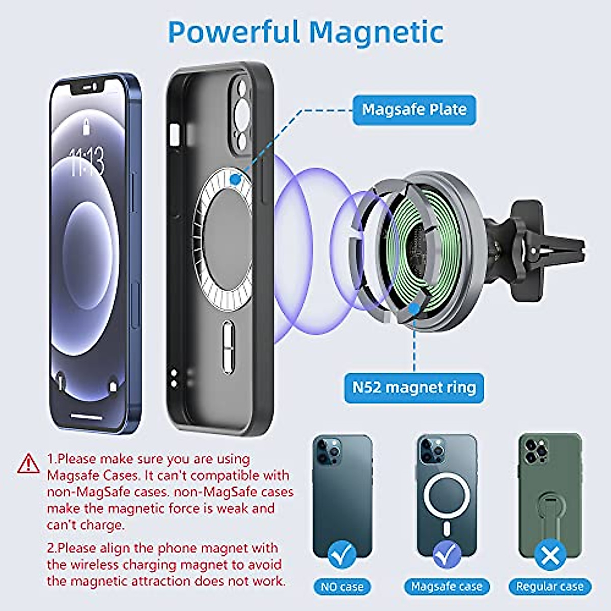 Magnetic Wireless Car Charger Mount, Stick on The Dashboard for MagSafe iPhone 14/14 Pro/14 Max/13/13 Pro/13 Pro Max/ 12/12Pro/Mini, Fast Charging Auto-Alignment Air Vent Phone Holder (Dark Grey)