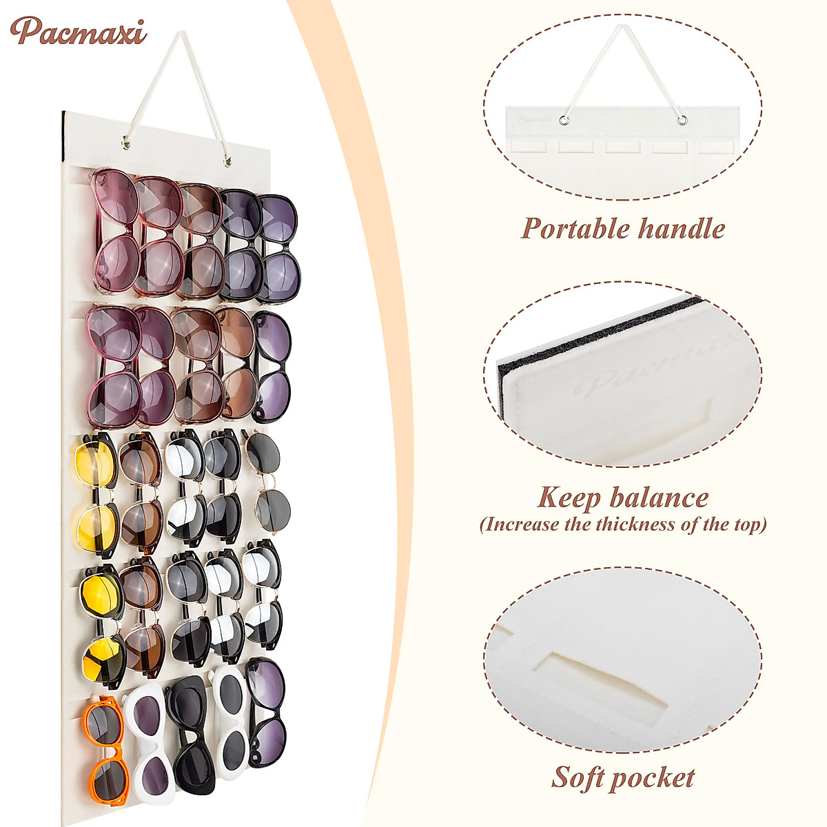 PACMAXI Sunglasses Storage Organizer, Wall Pocket Mounted by Sunglasses, Hanging Eyeglasses Storage Holder, Eyewear Display. (Ivory white, 25 Slot)