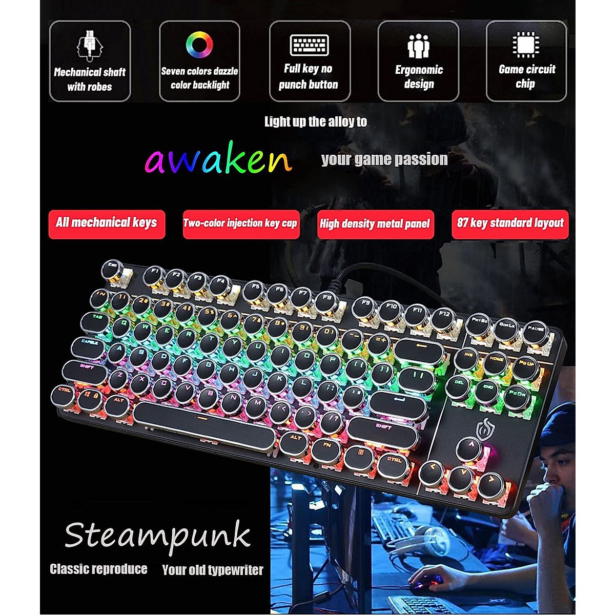 Type Writer Keyboard, Typewriter-Style Steampunk Mechanical Gaming Keyboards Blue Switch with 9 True RGB Backlight Modes and 87-Key Wired Keyboard with Spill-Resistant (Round Keycaps)