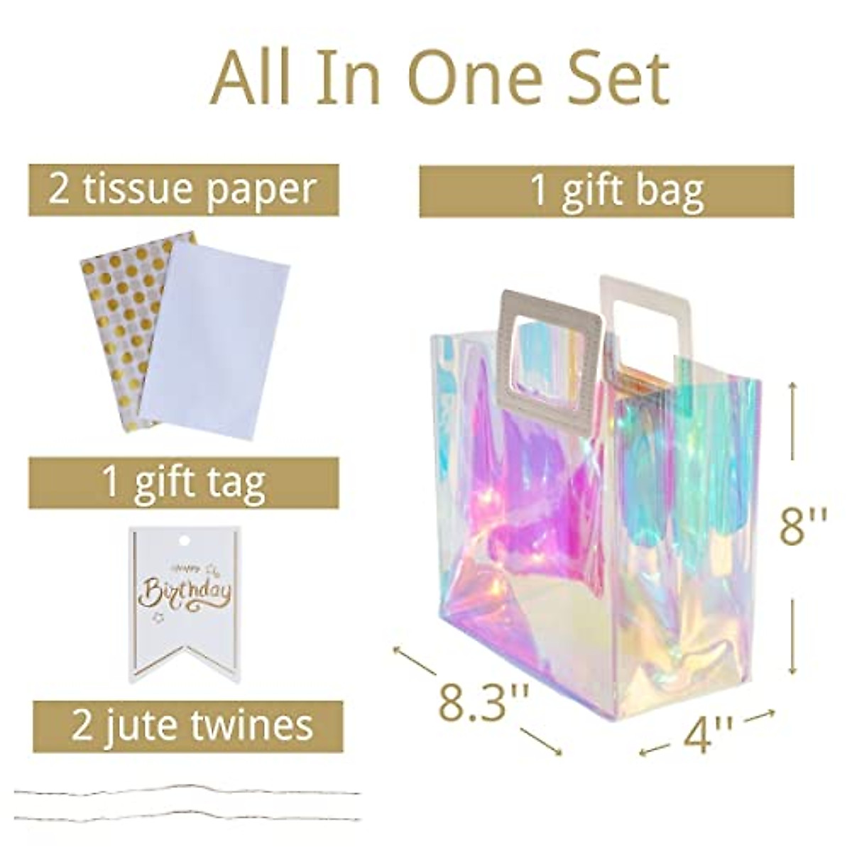 VUOJUR 8.3'' Holographic Reusable Small Gift Bag with Tissue Paper and Happy Birthday Gift Tag for Women Girls Mother Birthday Bag