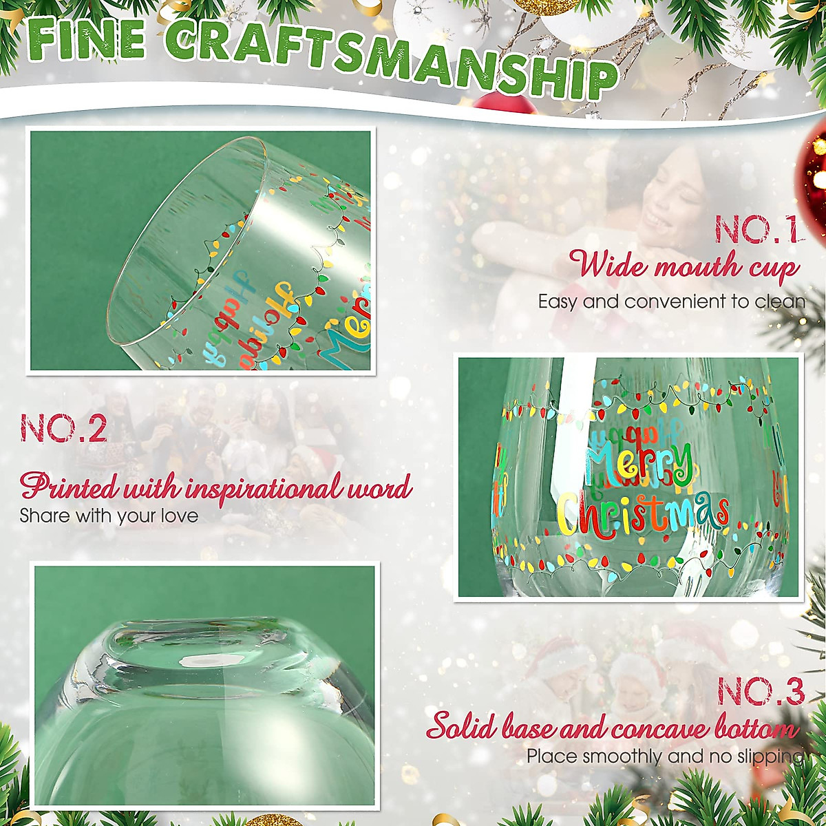 Patelai 2 Pieces Christmas Stemless Wine Glass, 17 oz Merry Christmas Happy Holiday Wine Glass Funny Mug Cup, Christmas New Year Gifts for Women Men Mom Dad Wife Husband