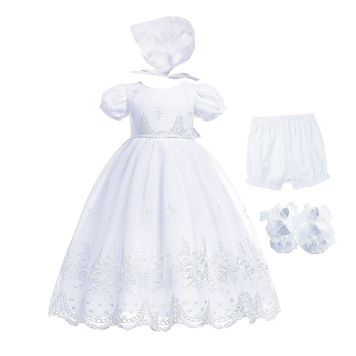 Bow Dream Baby Girls Christening Baptism Dress Formal Party Special Occasion Dresses for Toddler 4Pcs White 12-18 Months