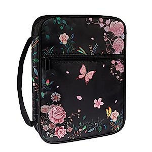 POJAGU Bible Cover, Carrying Bible Book Bag Church Case, Floral Pattern Bible Protective with Handle and Zippered Pocket for Men Women Girls, Black