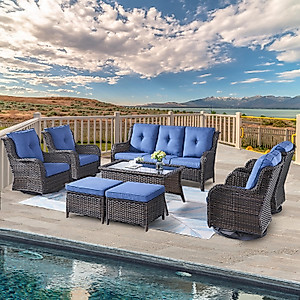 Belord Wicker Patio Furniture Sets - 8 Piece Rattan Outdoor Furniture Conversation Sets with 4 Swivel Rocker Chairs, Rattan Sofa, Wicker Ottomans and Coffee Table, Brown/Blue