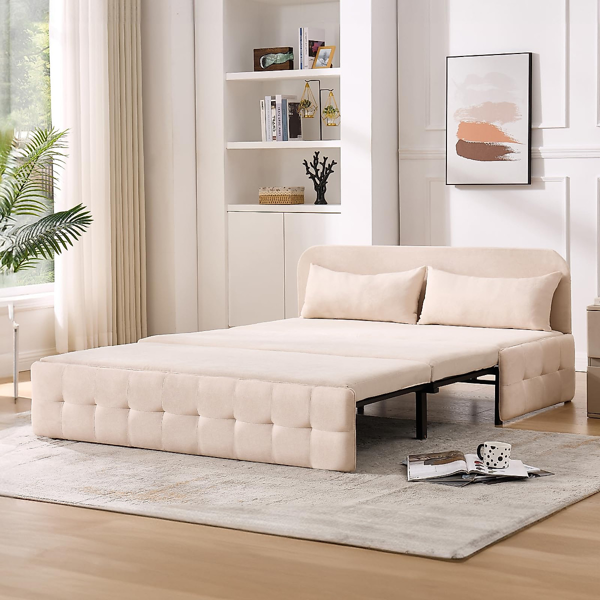 EDWINENE Pull-Out Sofa Bed, Convertible Sleeper Sofa Couch, Modern Comfy Sofa Cama with 2 Soft Pillows, Loveseat Couch for Living Room, Apartment (Beige)