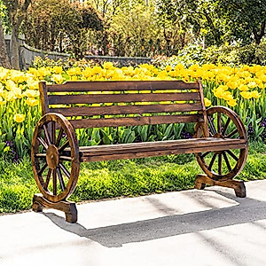 Mavalous Wagon Wheel Bench for Outdoor, 3-Person Seat Wooden Bench with Backrest, Rustic Benches forOutside, Porch, Garden, Brown