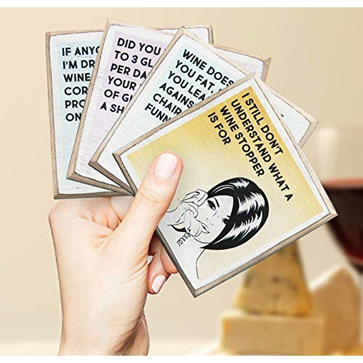 Wine Coasters Set & Holder - Funny Gifts for Women - Cool Wine Gift for Women - Housewarming Gifts for Wine Lovers - Wine Accessories (Funny Wine)