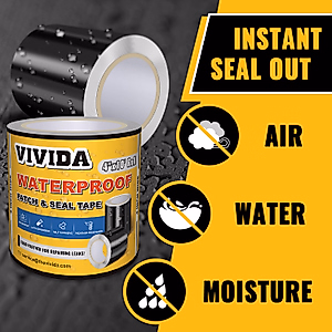 VIVIDA Waterproof Patch and Seal Tape, 4" × 10' Waterproof Tape for Outdoor Use, Patch and Seal Tape Waterproof Tape for Leaks, Underwater Repair, Black, 1 Roll