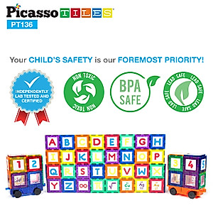 PicassoTiles 136 Piece S.T.E.A.M. Building Block Set with 66 Magnetized Clip-in Insert Cards Toy Construction Kit PT136 Magnet Building Tiles Clear Color Magnetic 3D Educational Blocks Click-in Card