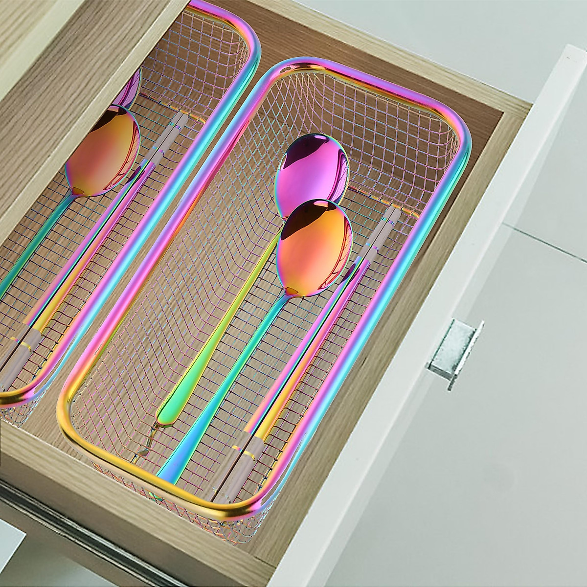 BYEGOU Silverware Drawer Organizer, Rainbow Mesh Kitchen Drawer Organizers, Iridescent Stackable Storage Basket Metal Utensil Holder for Flatware, 12.5"x5"x2.5", Pack of 2