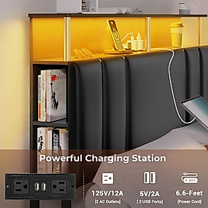 VIAGDO Bed Frame Queen Size with Bookcase Headboard and 4 Storage Drawers, Leather Upholstered Queen Bed Frame with Charging Station and LED Lights, Silver Iron Decor, No Box Spring Needed, Black