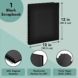 Paper Junkie Hardcover Scrapbook - Blank Wedding Guest Book, DIY Photo Album, Black Spiral Bound Cardboard Cover Sketchbook for Kids Craft, Diary Journal - Square - 40 Sheets - 12x12