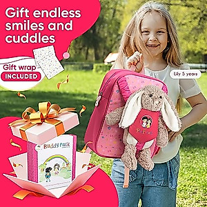 Play Friends Girls Backpacks Ages 4-6 - Medium Size Kids Backpack with Cute Rabbit Plush Toy Great as School Bag, Bookbag, Travel Bag - Birthday Gift for Girls 3 Years Old and Up