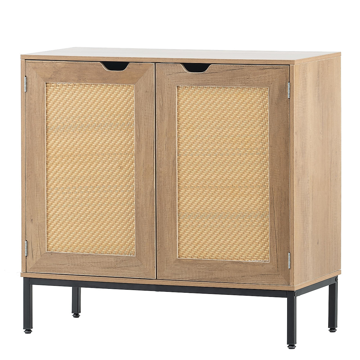 HESIEU Country Style Storage Cabinet with 2 Rattan Doors Natural Wood Sideboard Decorative Table Shoe Cabinet Office Cabinet with Metal Legs for Dining Room Kitchen Hallway Office