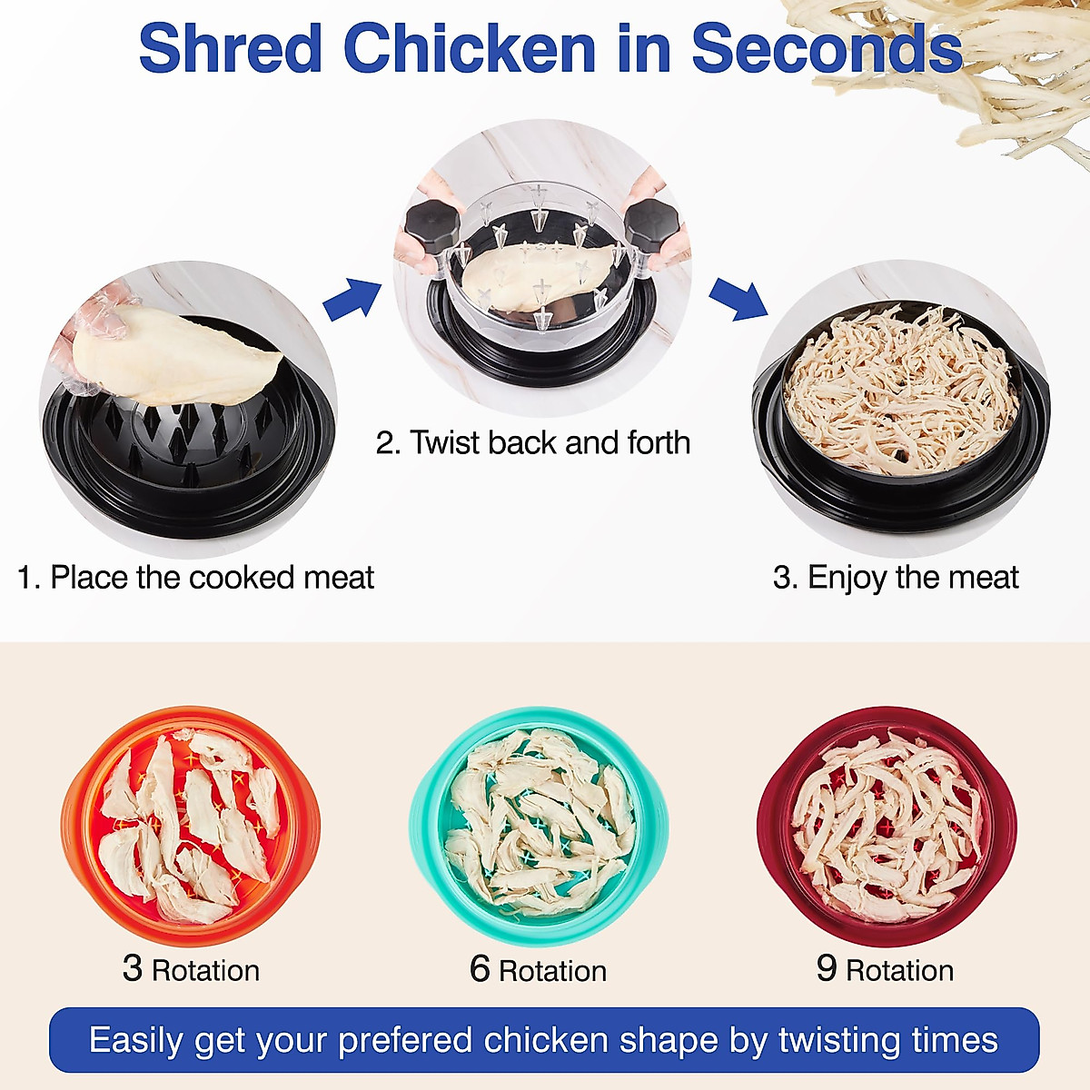 Chicken Shredder Tool Twist Large: 2025 Pro & Standard Food-Grade Visible Meat Shredder Tool Twist with Anti-Slip Petal-Like Base, Chicken Breast Shredder, Chicken Grinder (Black, Standard - 8")