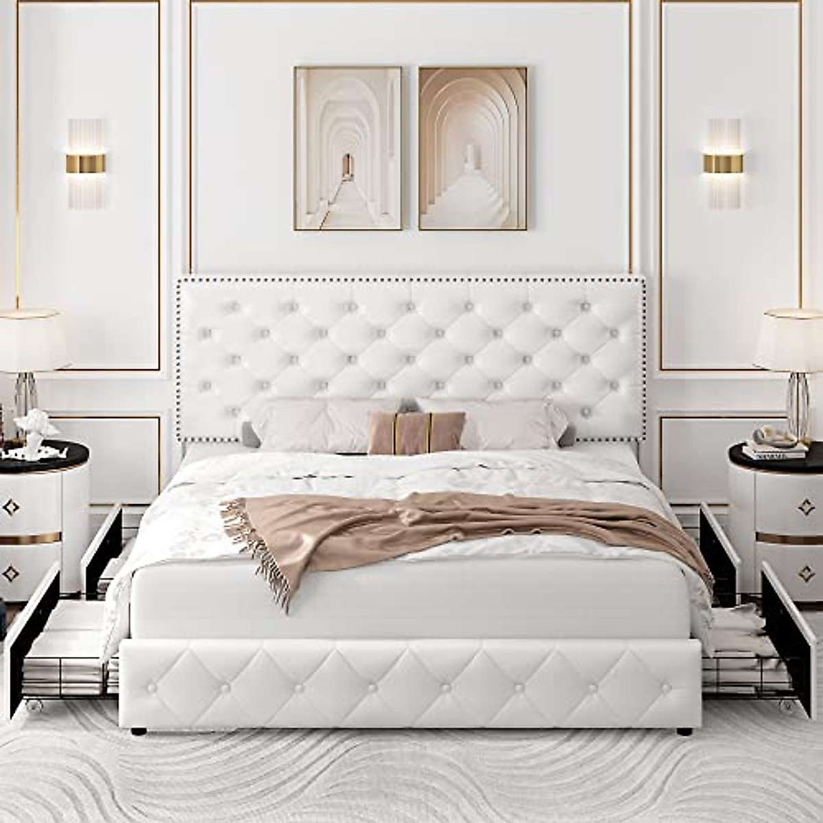 Queen Bed Frame with Storage and Adjustable Headboard, Bed Frame with 4 Drawers and Wooden Slats Support, No Box Spring Needed (PU White, Queen (U.S. Standard))
