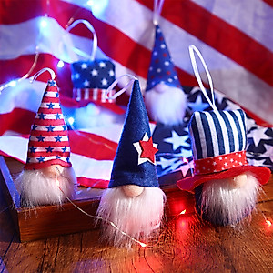 8 Pieces Patriotic 4th of July Gnome Ornaments American Independence Day Decorative Plush Dolls USA Classic Hanging Gnome with 6.6 Feet LED Light Chains for Home Garden Decoration, 8 Styles