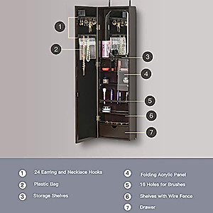 HOMCOM Jewelry Armoire with Mirror and 18 LED Lights, Wall-Mounted/Over-The-Door Cabinet with 3 Mountable Heights, Dark Walnut