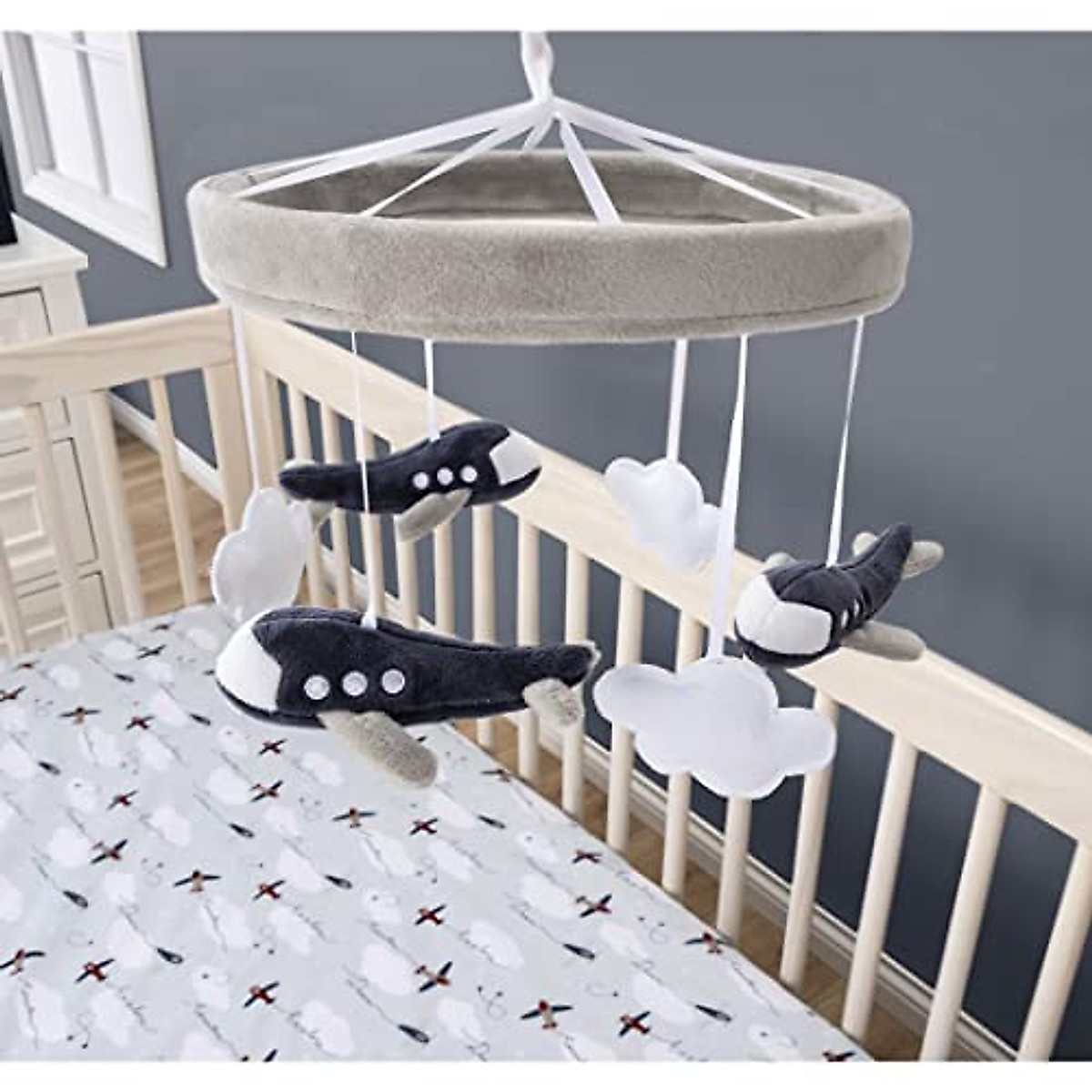 Sammy & Lou Airplane Baby Crib Mobile with Music, Crib Mobile Arm Fits Standard Crib Rail