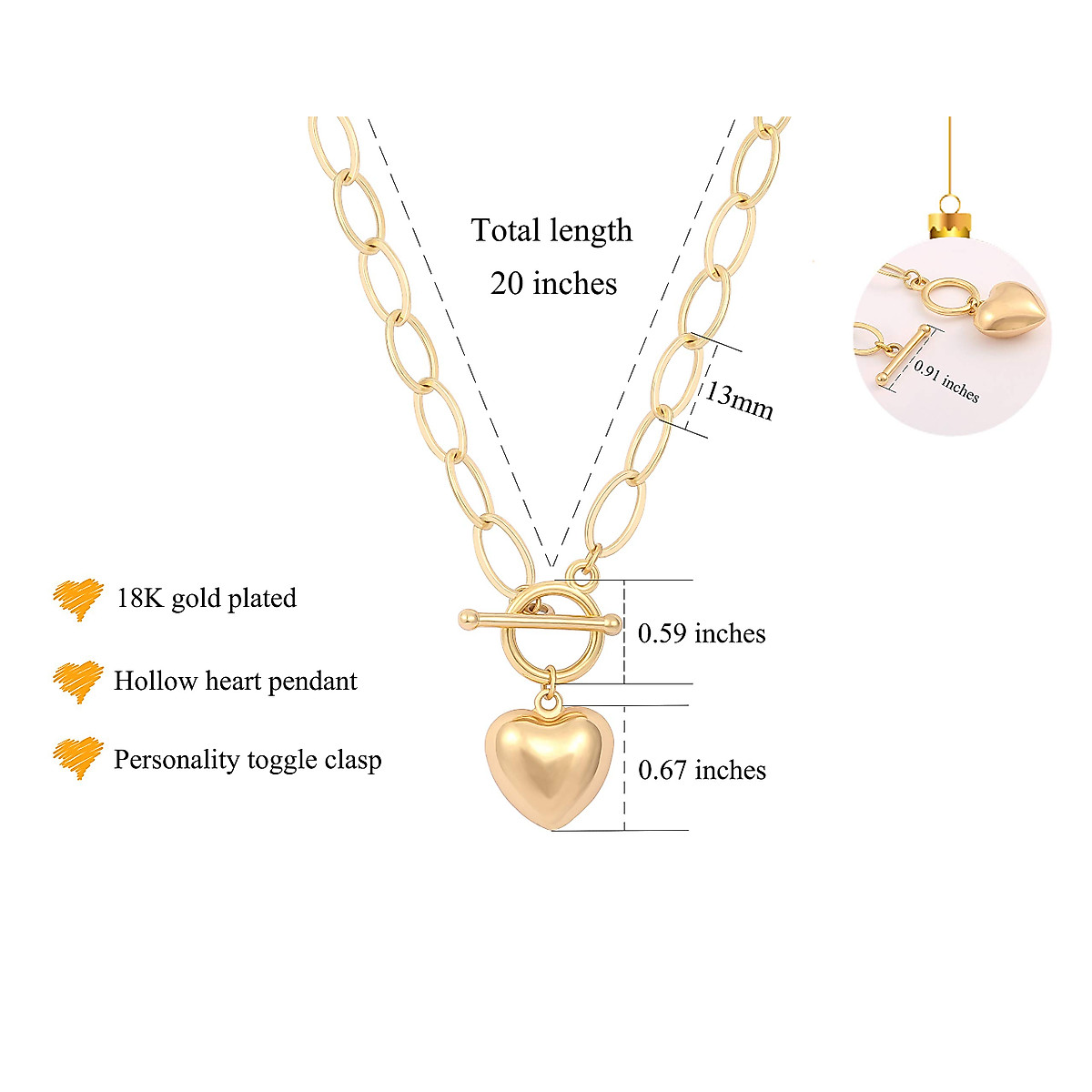 CANEVINKA 18K Gold Plated Love Heart Pendant Necklace for Women Dainty Oval Link Chain Layered Long Necklaces Toggle Lock Handmade Statement Jewelry 20”