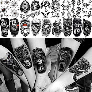 Bilizar 63 Sheets Tribal Wolf Lion Tiger Temporary Tattoos For Men Women Adults, Scary Halloween Skull Gangster Fake Tattoo Stickers Kids, Small 3D Realistic Tattoos Thigh Arm Neck Elephant Warrior