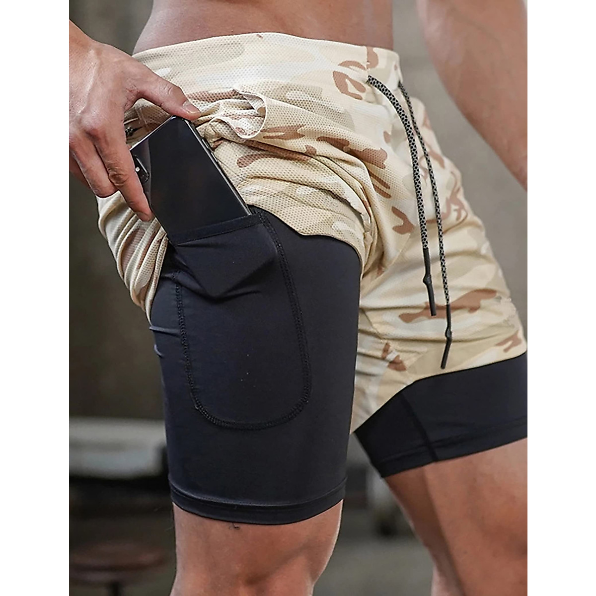 DIOTSR Mens 2 in 1 Running Workout Shorts Lightweight Athletic Gym Shorts with Pockets (Camo Khaki X-Large)
