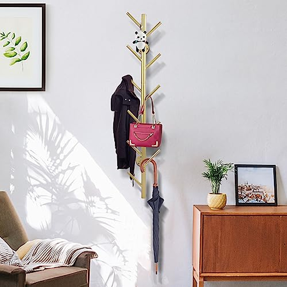 SHENGTIAN 39.37in Gold Metal Tree Branch Wall Mounted Coat Rack, Hat Tree For Wall,Purse Rack With 11 Hooks, Space Saving And Easy Installation, Suitable For Living Room, Bedroom (Gold-Y)