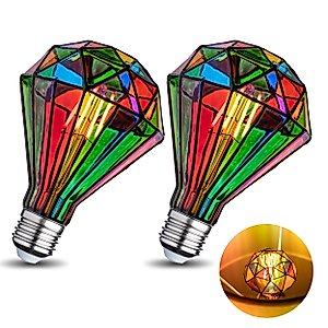 2 Pack Stained Glass Light Bulb,4W, Rainbow Painted LED Light Bulb Night Light, G95 Diamond Shape Color Bulb, Decorative Light Bulb for Party Light, Recreation Room