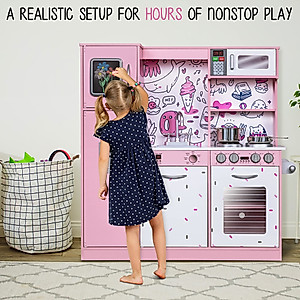 Lil' Jumbl Kids Kitchen Set, Pretend Wooden Play Kitchen, Battery Operated Icemaker & Microwave with Realistic Sound, Pots & Pan Included - Pink