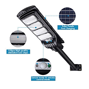 Solar Street Light 200W, Dusk to Dawn Outdoor Lighting with Remote Control 6000K IP65 Waterproof LED Flood Light with Motion Sensor & Pole for Street, Yard, Parking Lot, Driveway