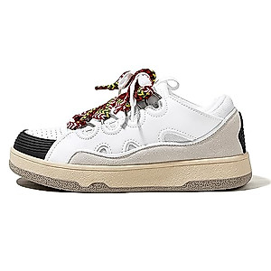 LUCKY STEP Women's Fashion Classic Leopard Leather Suede Sneakers Platform Casual Walking Tennis Club Flat Double Lace up Shoe(White,9B(M) US)