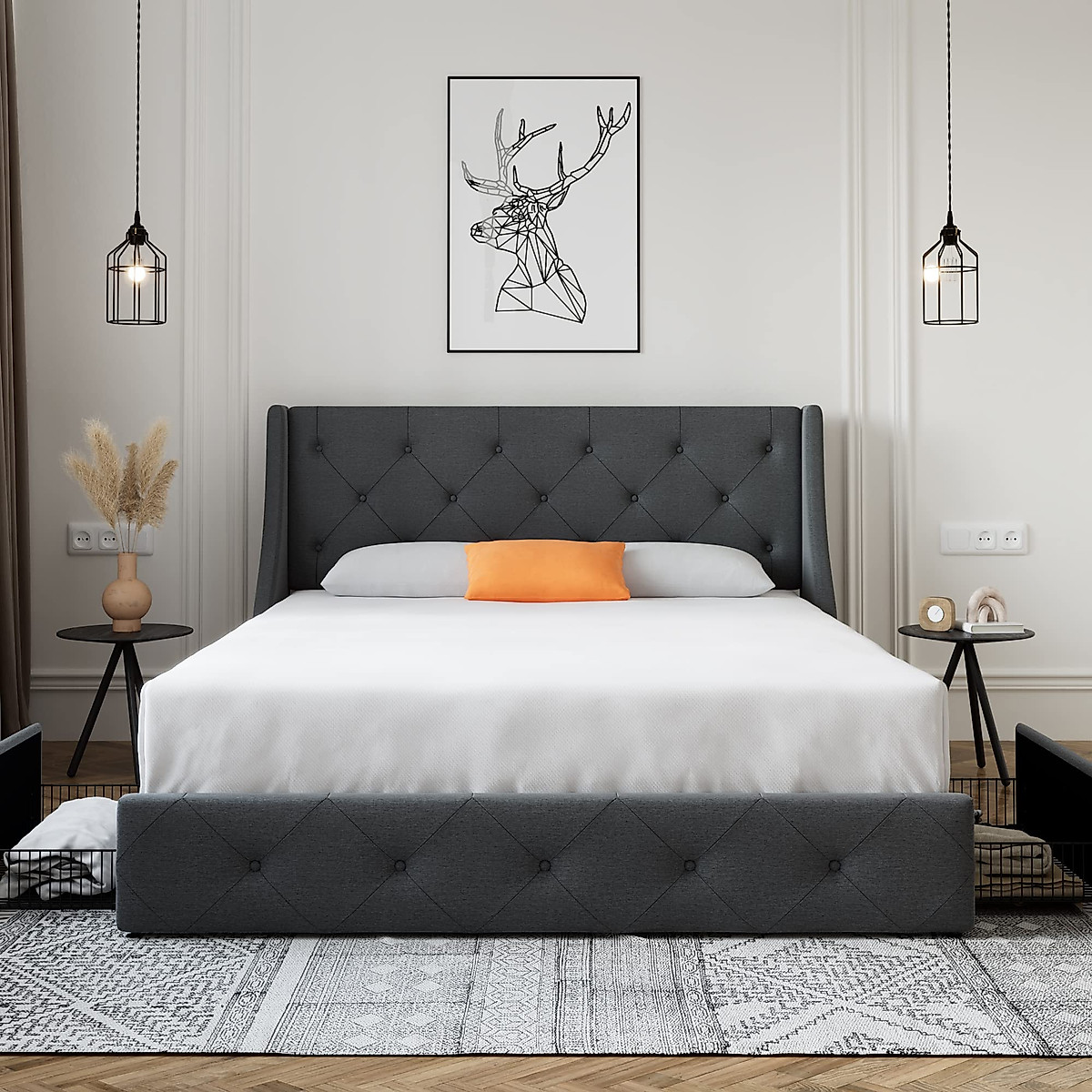 SHA CERLIN Upholstered Full Size Platform Bed Frame with 4 Storage Drawers and Wingback Headboard, Diamond Stitched Button Tufted Design, No Box Spring Needed, Dark Grey