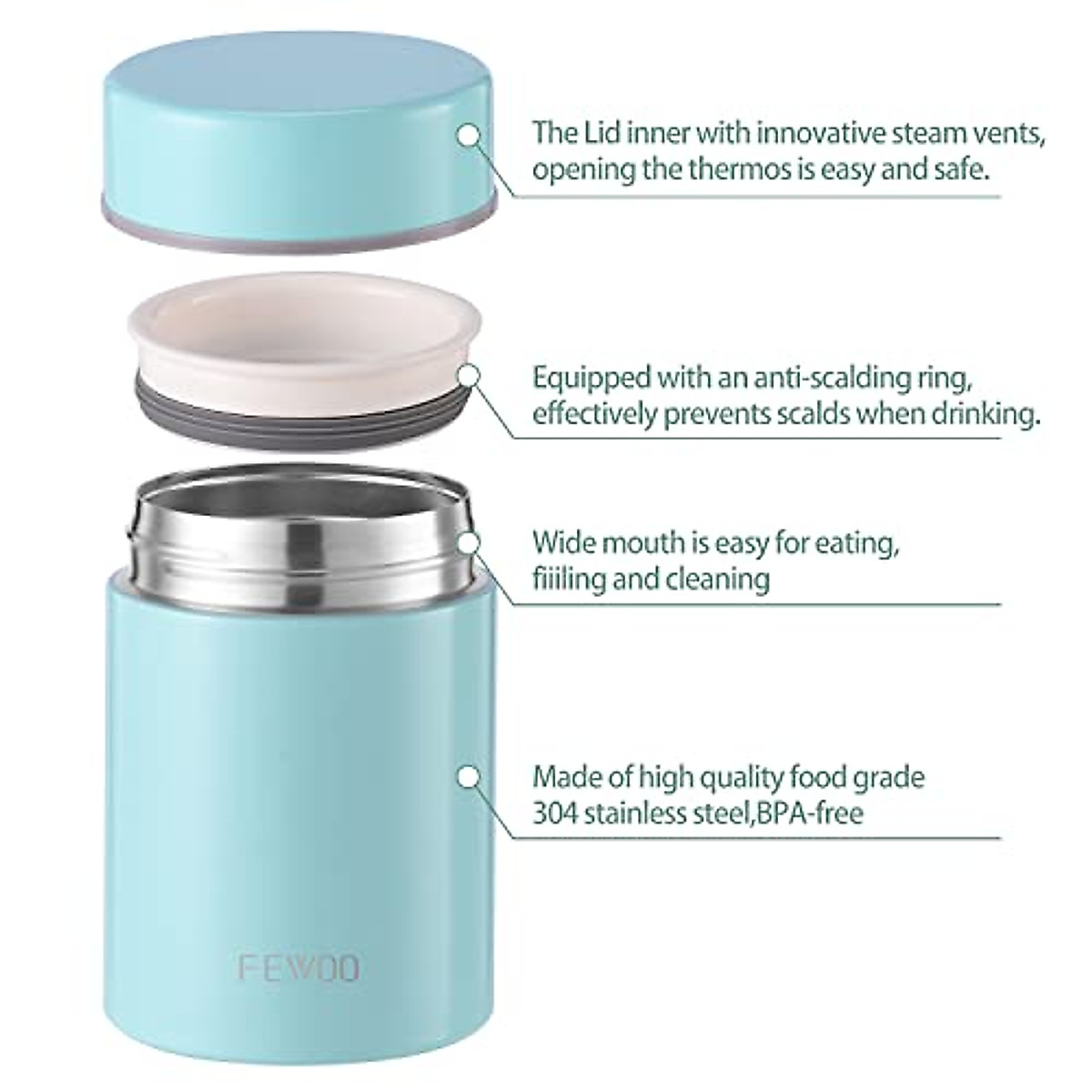 FEWOO Soup Thermos,Food Container for Hot Cold Food, Vacuum Insulated Stainless Steel Lunch Box for Kids Adult,Leak Proof Food Jar for School Office Picnic Travel Outdoors (Blue 13.5 oz)