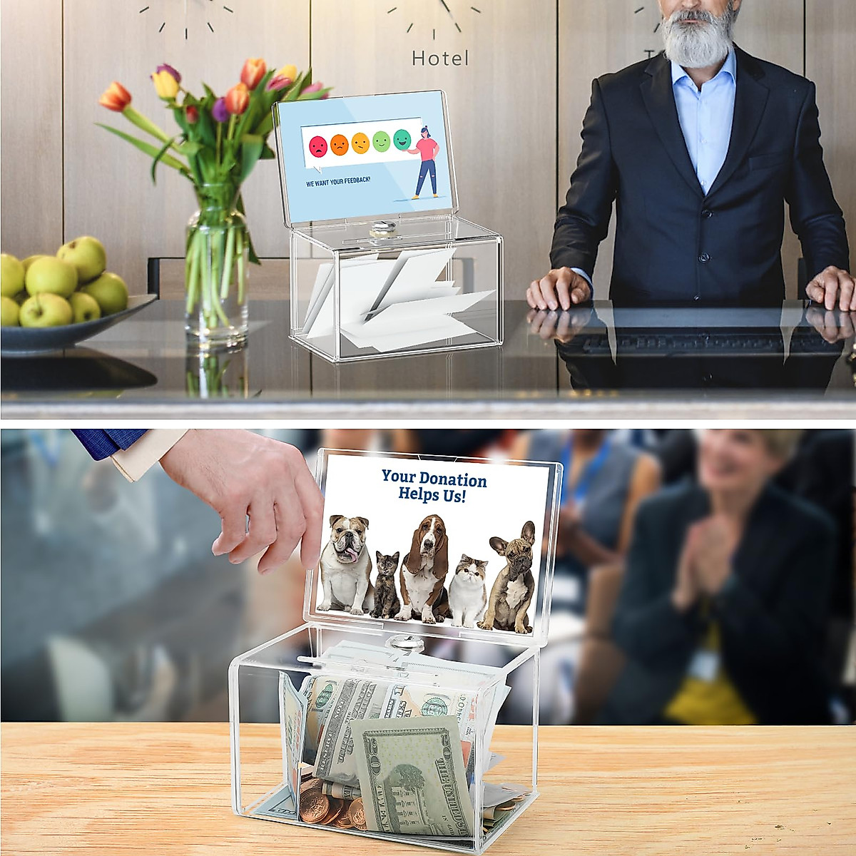 MaxGear Acrylic Donation Box with Lock and Sign Holder, Clear Ballot Box Donation Boxes for Fundraising (6.25" x 4.5" x 4") with Lock - Clear