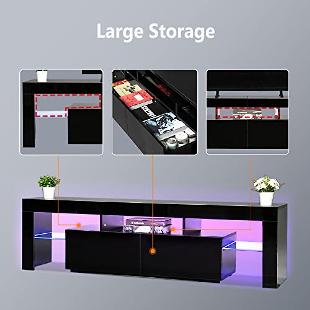 Bonnlo LED TV Stand Modern TV Stand with LED Lights for 60/65/70 Inch TV, TV Cabinet Media Storage Console Table with Drawer and Shelves for Living Room Bedroom Furniture