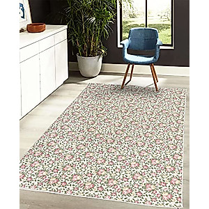 Lunarable Flower Decorative Area Rug, Roses Rosebuds Leaves Bouquet Flower Arrangements Bridal Victorian Style, Quality Carpet for Bedroom Dorm Living Room, 4' X 5' 5", White Pink Green