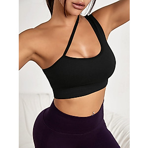 SOLY HUX Women's One Shoulder Sports Bra Cut Out Sleeveless Workout Running Yoga Crop Top Black S