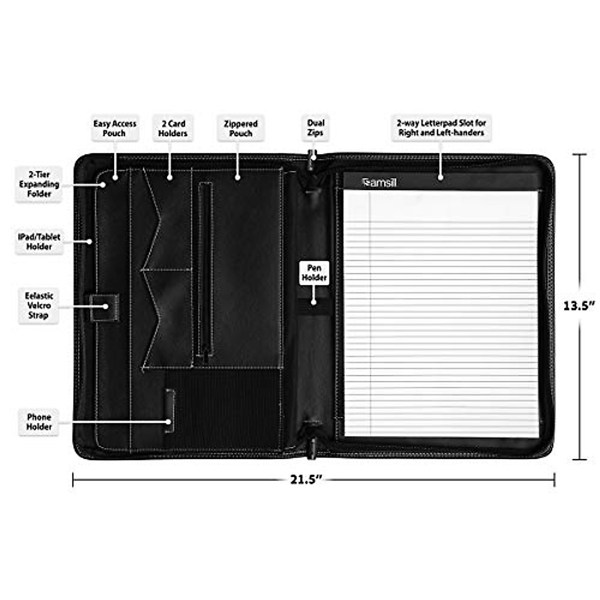 Samsill Zippered Portfolio Organizer, Vegan Leather Business Portfolio Notebook, Work Organizer. Notepad, Tablet iPad (Upto 10.1") Phone & Business Cards Holder, Professional Padfolio for Women & Men