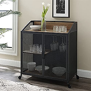Walker Edison Malcomb Urban Industrial Metal Mesh Double Door Rolling Bar Cabinet, 33 Inch, Rustic Oak