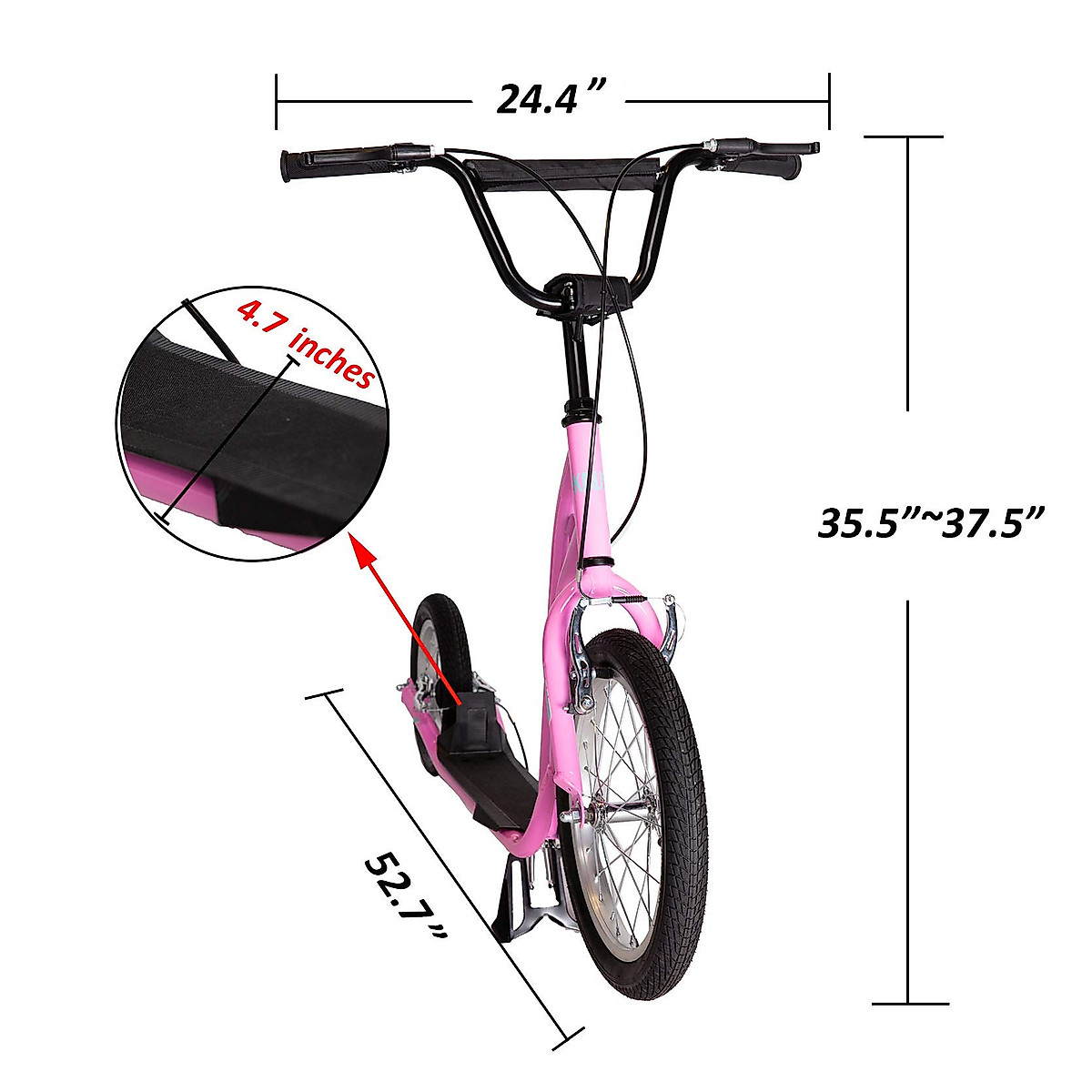 KNUS Scooter for Youth and Adults-16-Inch Front Wheel,12-Inch Rear Wheel/Front and Rear Caliper Brakes/Pink…