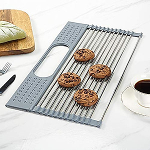 N/A2 Roll Up Dish Drying Rack - Over The Sink Drying Rack with Utensil Holder + Multipurpose Sink Cover Stainless Steel Silicone Portable Dish Draining and Folding Strainer for Mom!