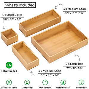 Grow Forward Bamboo Drawer Organizer Boxes - Set of 14 Wooden Drawer Organizers for Kitchen, Bathroom, Office, Desk, Vanity, Makeup - Non-Slip Junk Drawer Organizer Trays for Storage and Organization