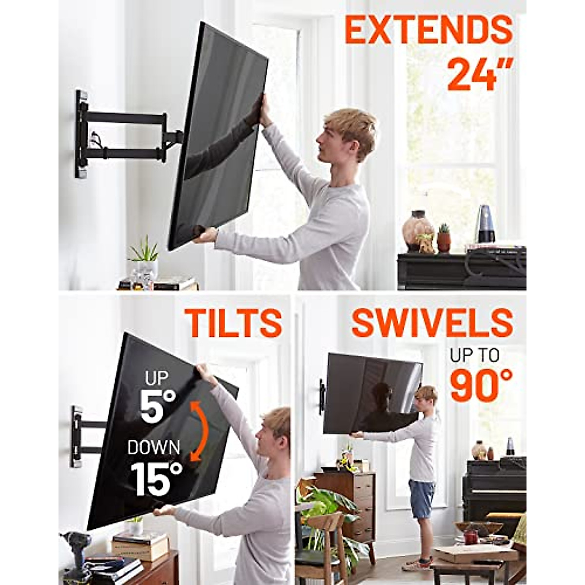 ECHOGEAR Corner TV Wall Mount for Big TVs - 24 Inches of Extension Plus Smooth Full Motion - Mount TVs Up to 65" in The Corner Or Up to 75" On A Flat Wall - Drilling Template & Cable Ties Included