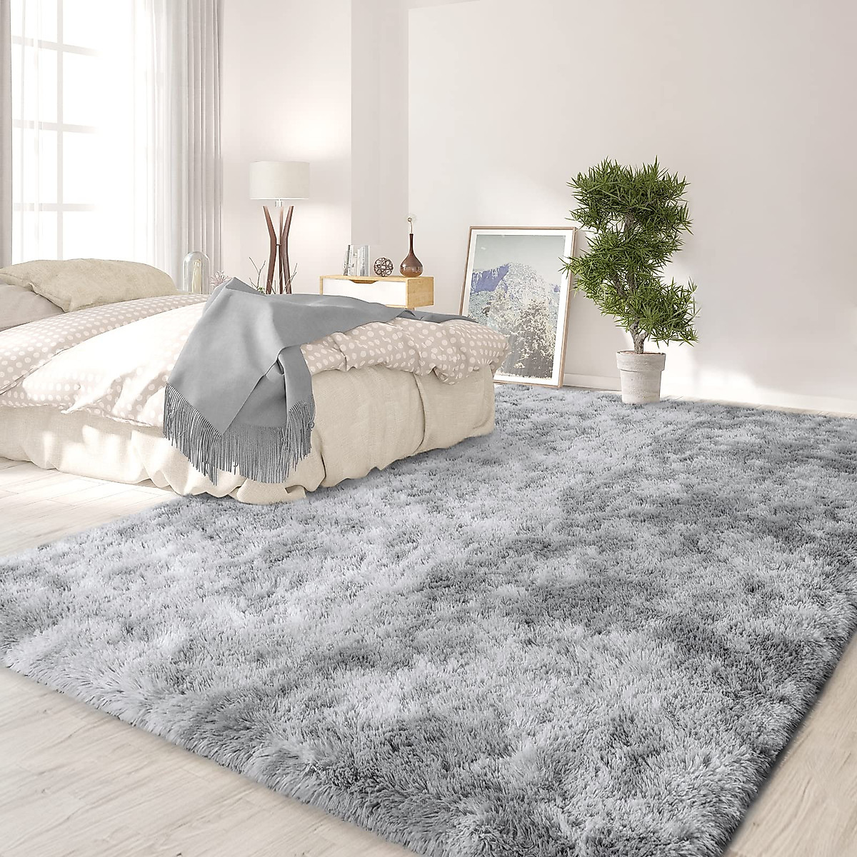 FlyDOIT 6x9 Feet Large Area Rugs for Living Room, Tie-Dyed Light Grey Shaggy Rug Fluffy Throw Carpets, Ultra Soft Plush Modern Indoor Fuzzy Rugs for Bedroom Girls Kids Nursery Room Dorm Home Decor